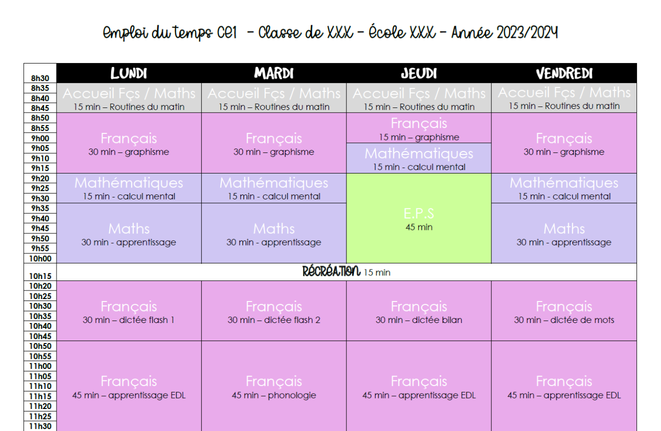 Emploi Du Temps Ce1 Modifiable _ Emploi Du Temps Ce1 2025 2026 – CLXRAU